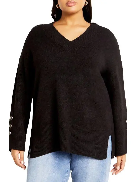 City Chic Dorothy Button Cuff Sweater - Black