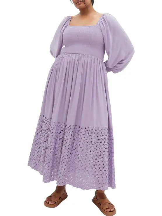 City Chic Eyelet Long Sleeve Midi Dress - Lavender