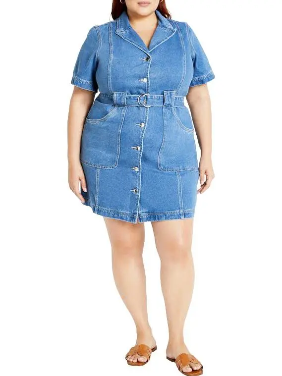 City Chic Aleah Belted Denim Button-up Shirtdress - Mid Wash