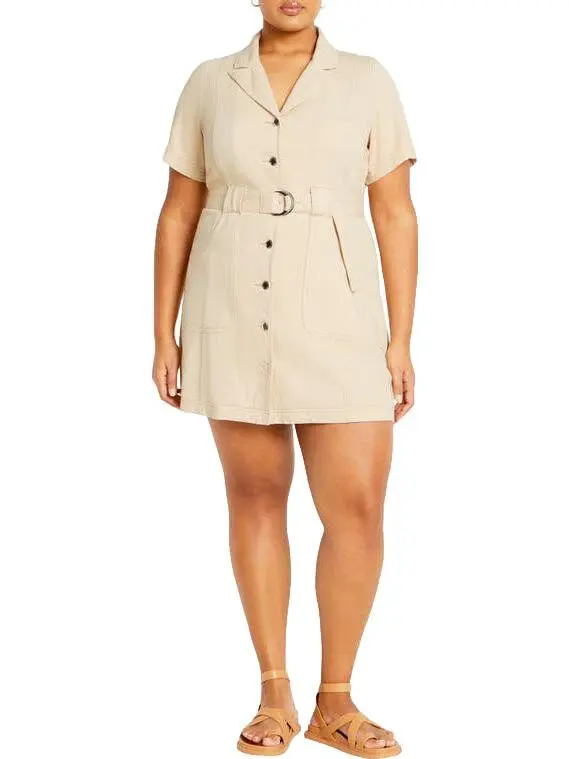 City Chic Aleah Belted Denim Button-up Shirtdress - Stone