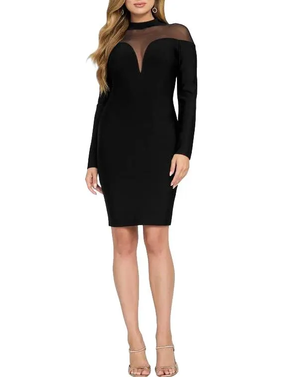 MARCIANO Diana Illusion Lace Detail Long Sleeve Body-con Mini Dress - Black