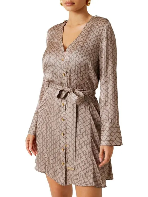 MARCIANO Britney Logo Print Long Sleeve Satin Shirtdress - Beige