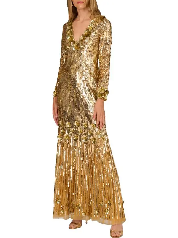 Aidan Mattox Embellished Long Sleeve Mermaid Gown - Gold