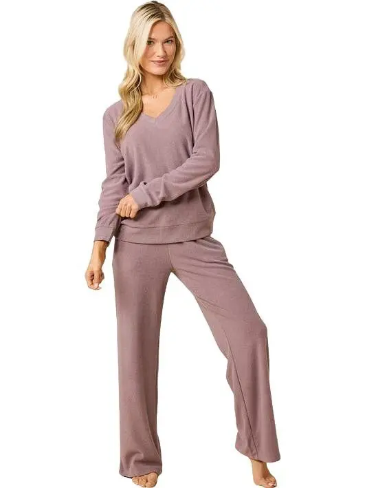 SOFTIES Vintage Velvet V-neck & Wide Leg Pant Set - Driftwood