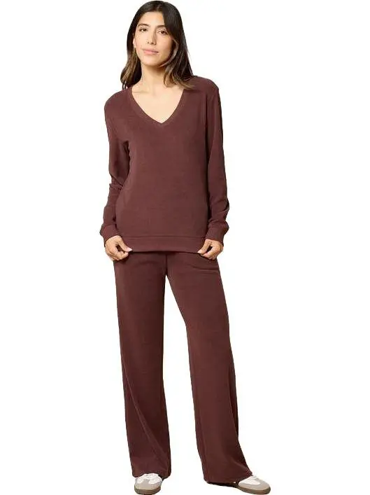 SOFTIES Vintage Velvet V-neck & Wide Leg Pant Set - Espresso
