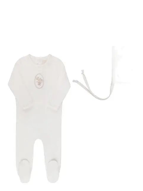 ELY'S & CO. Velour Footie And Bonnet Set - Ivory Rosegold