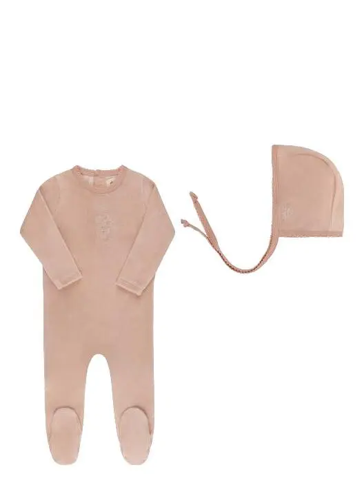 ELY'S & CO. Velour Footie And Bonnet Set - Pink