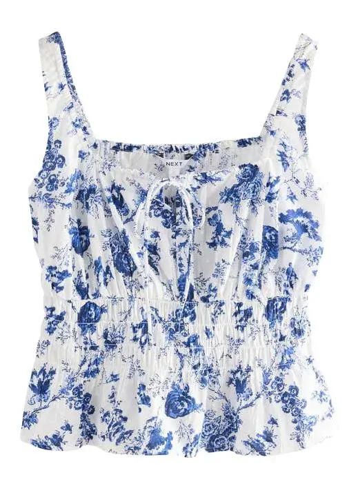 NEXT Floral Smocked Cotton Camisole - White/blue