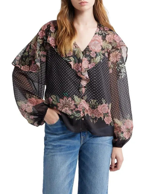 LIPSY Floral Print Ruffle Top - Black