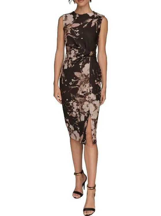 Donna Karan New York Poly Floral Print Cap Sleeve Midi Dress - Fawn Multi