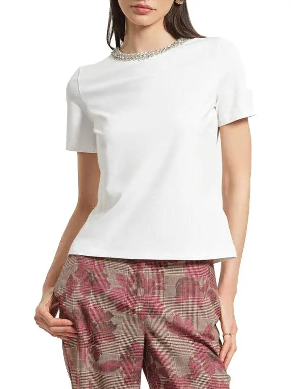 ISAAC MIZRAHI NEW YORK Embellished Jewel Neck T-shirt - White