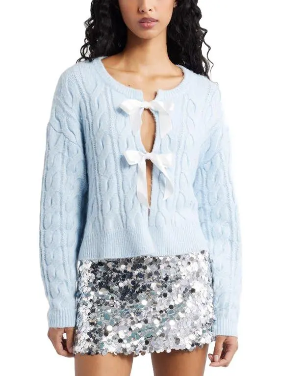 Bp. Cable-stitch Cardigan With Bow Tie Detail - Blue Skyride