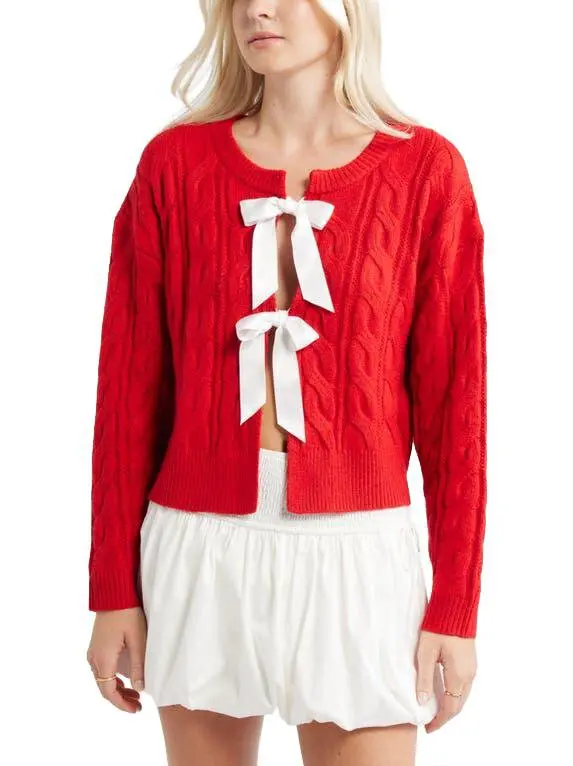 Bp. Cable-stitch Cardigan With Bow Tie Detail - Red Salsa