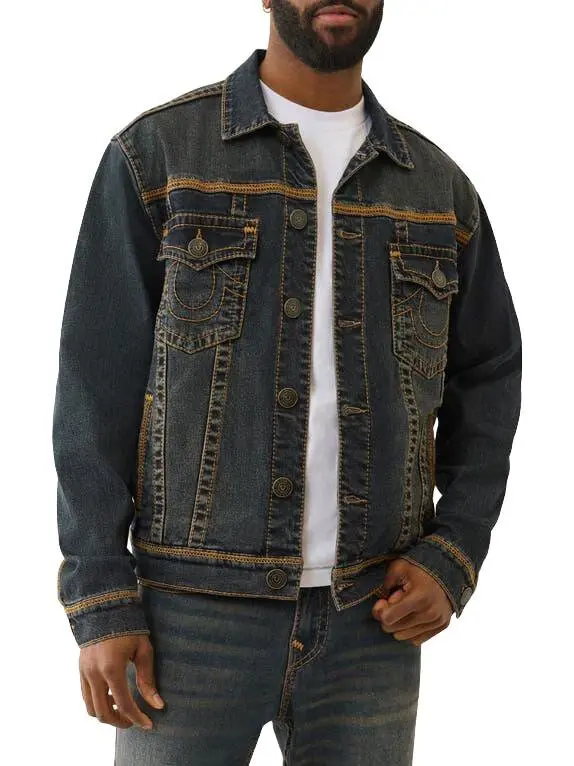 True Religion Super Flatlock Denim Trucker Jacket - Greenland Dark Wash