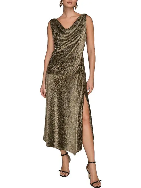 Donna Karan New York Cowl Neck Sleeveless Velvet Midi Cocktail Dress - Antique Green