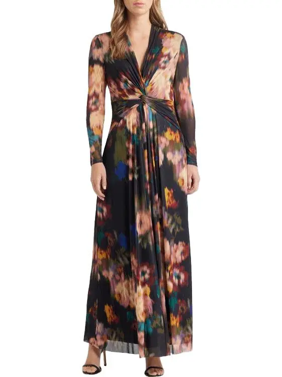 Anne Klein Floral Twist Front Long Sleeve Mesh Maxi Dress - Anne Black Multi