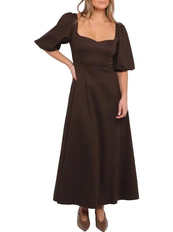 PETAL & PUP Merlena Puff Sleeve Stretch Cotton Maxi Dress - Chocolate