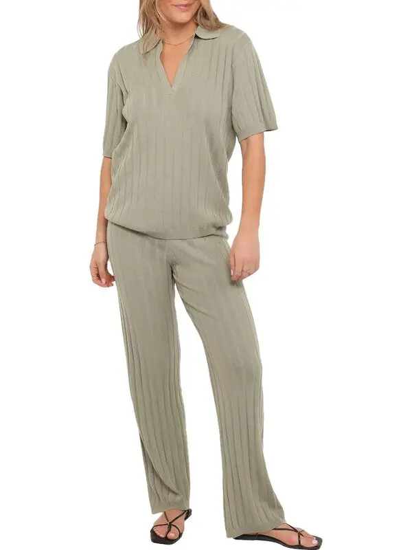 PETAL & PUP Yulissa Rib Polo Top And Wide Leg Pants Set - Khaki Green