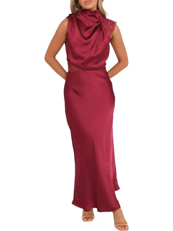 PETAL & PUP Anabelle Mock Neck Satin Maxi Dress - Berry