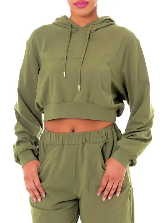 DAI MODA Cropped Viscose Hoodie - Army