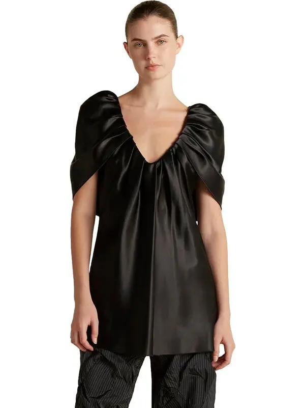 Marina Moscone Satin Top With Draped Neckline - Black