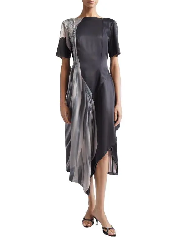 JASON WU Dancing Pleat Print Double Face Satin Dress - Black/pink