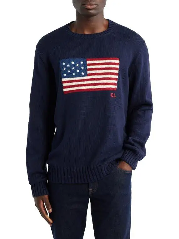 Ralph Lauren Intarsia Flag Cotton Crewneck Sweater - Blue