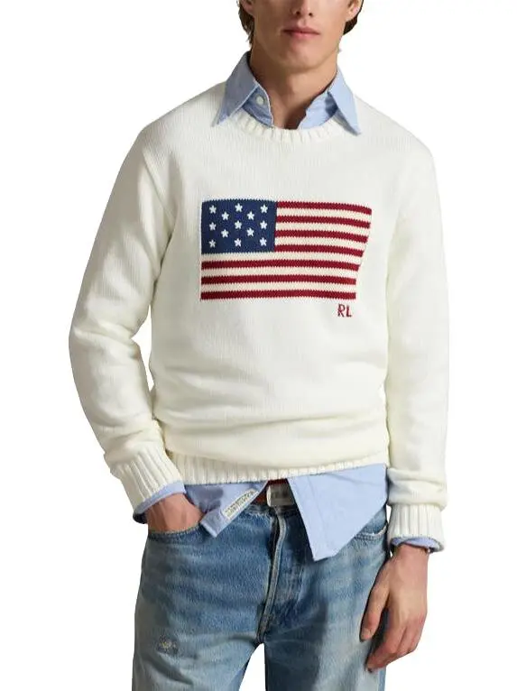 Ralph Lauren Intarsia Flag Cotton Crewneck Sweater - White