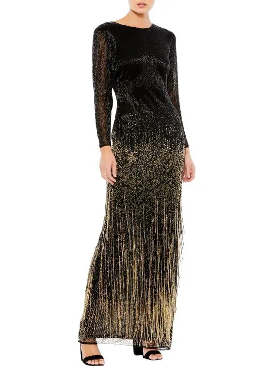 Mac Duggal Long Sleeve Beaded Fringe Evening Gown - Black Gold