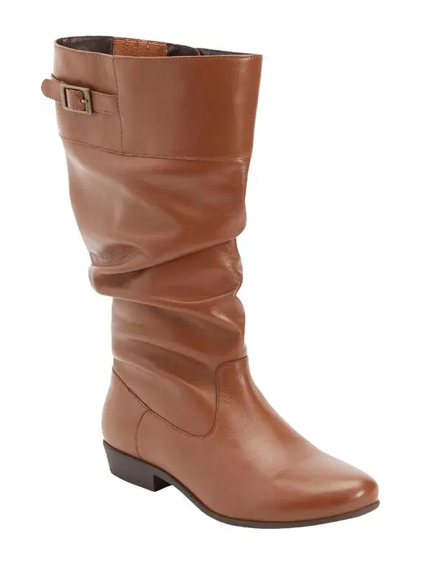 COMFORTVIEW Monica Leather Wide Calf Boots - Dark Cognac