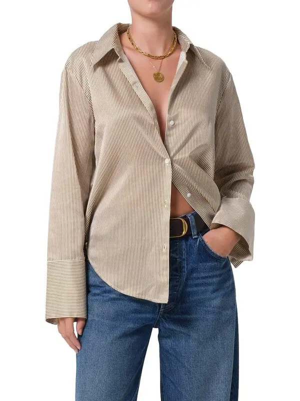 Citizens Of Humanity Camilia Cotton & Silk Button-up Shirt - Bronze Strpe Khaki