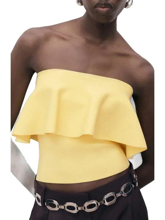 Mango Ruffle Strapless Crop Top - Pastel Yellow