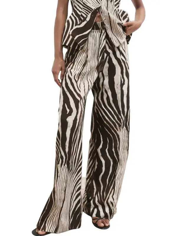 Mango Zebra-print Linen And Cotton Straight-leg Trousers - Chocolate