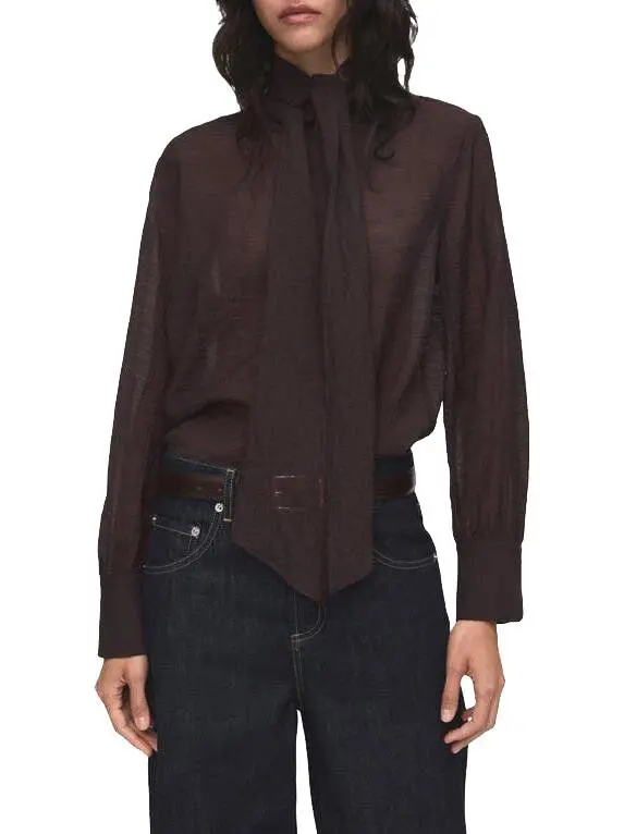 Mango Tie-neck Textured Shirt - Chocolate