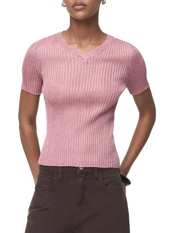 Mango Metallic Short Sleeve Ribbed Sweater - Pastel Pink