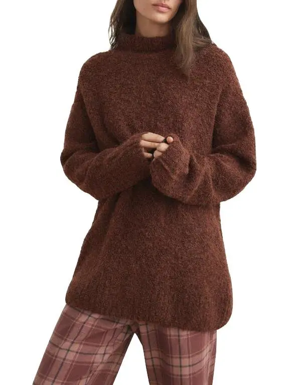 Mango Bouclé Turtleneck Sweater - Cognac