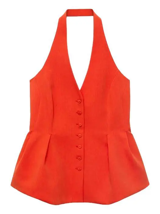 Mango Halter Neck Peplum Vest - Coral Red