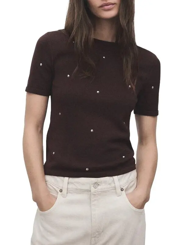 Mango Studded Short Sleeve Sweater - Brown