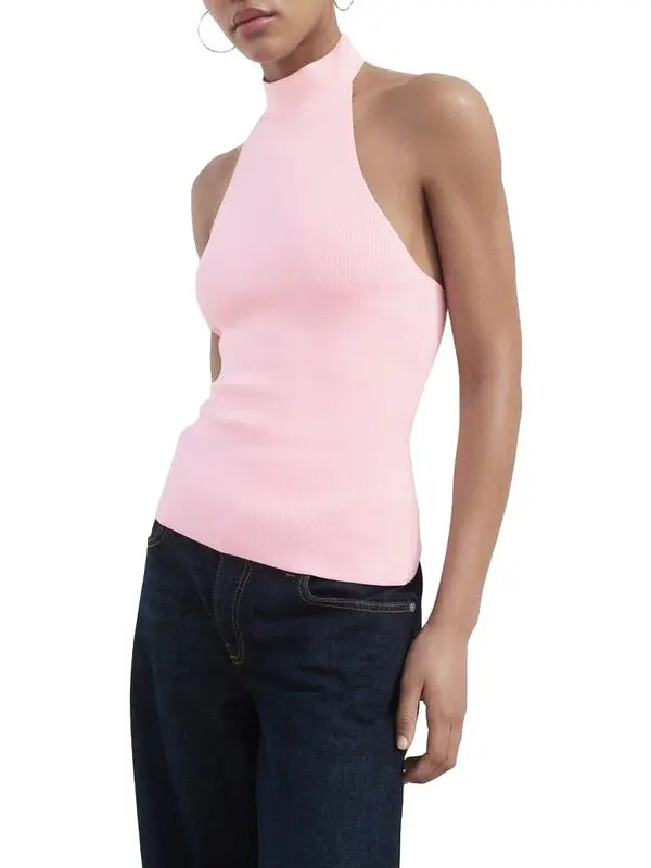 Mango Mock Neck Rib Halter Top - Pastel Pink
