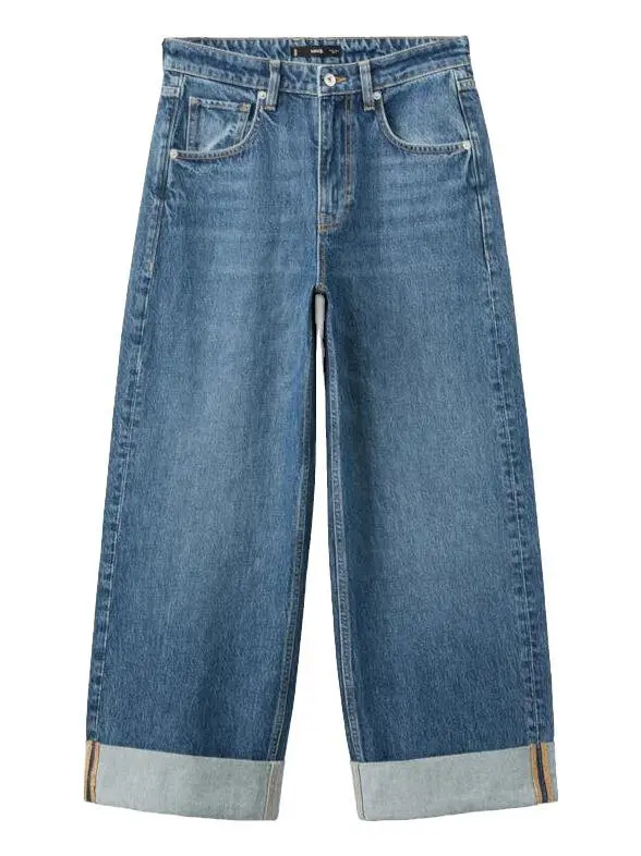 Mango Cuffed Mid-rise Wide-leg Jeans - Medium Blue