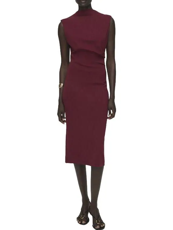 Mango Sleeveless Ruched Midi Dress - Burgundy