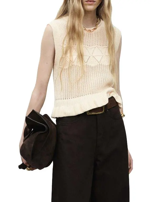 Mango Ruffle Open Stitch Sweater Vest - Ecru