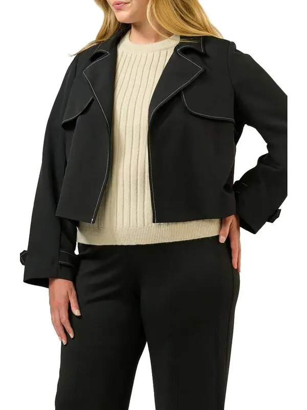 ESTELLE Contrast Topstitch Detail Crop Trench Jacket - Black