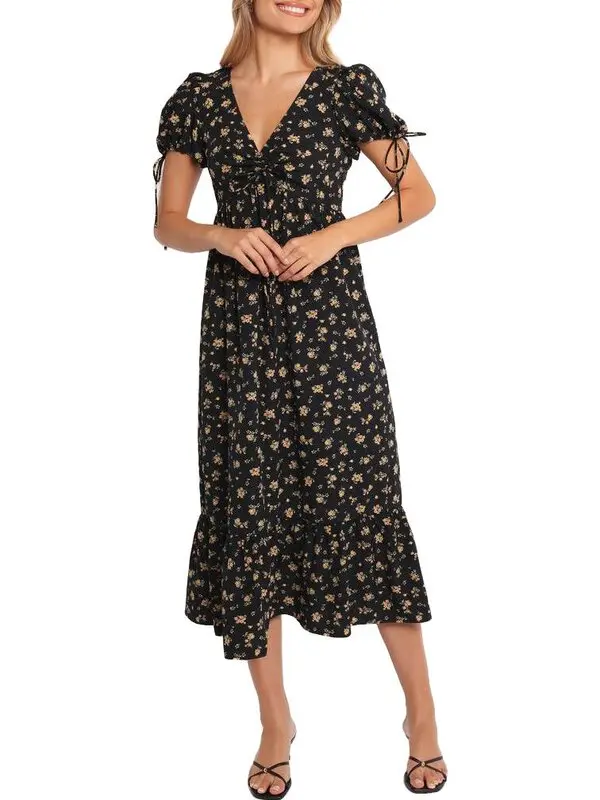 PETAL & PUP Zina Floral Puff Sleeve Midi Dress - Black Floral