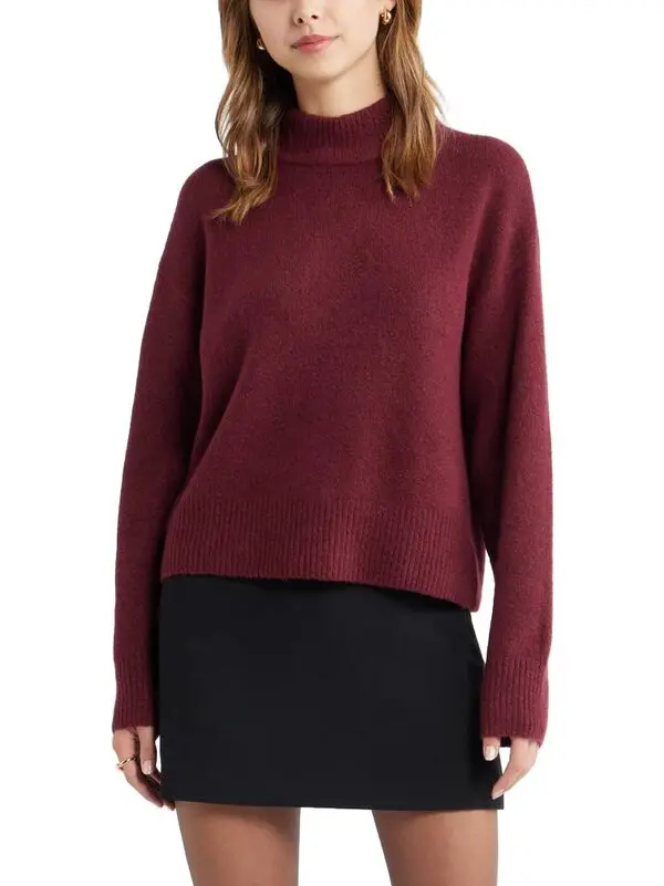 OPEN EDIT Boxy Mock Neck Sweater - Burgundy Tannin