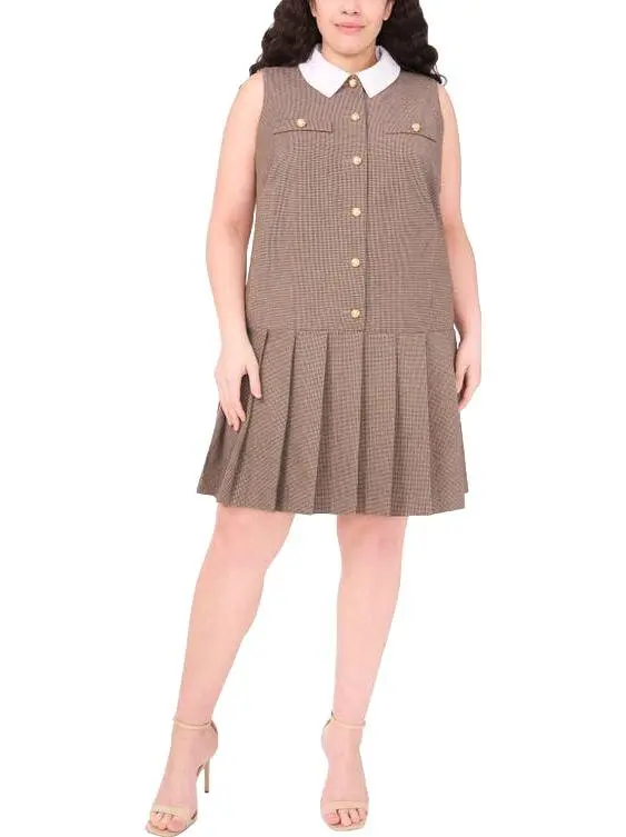 CECE DUPRAZ Houndstooth Sleeveless Pleated Dress - Safari