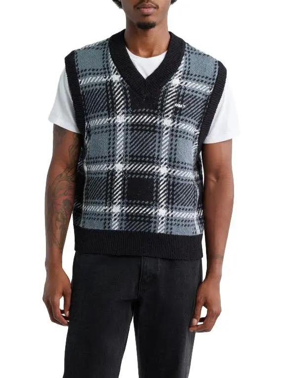Obey Avon Plaid Cotton Sweater Vest - Cold Black Multi