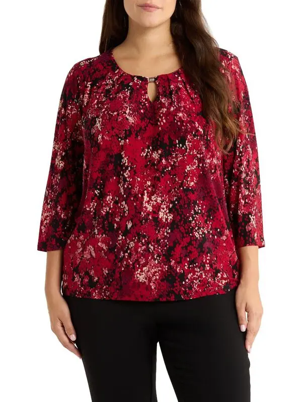 KASPER Pleated Three-quarter Sleeve Top - Red/black Multi