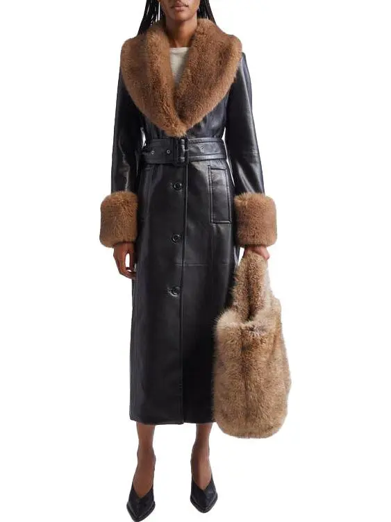 STAND STUDIO Estella Belted Faux Leather Coat With Faux Fur Trim - Black/natural