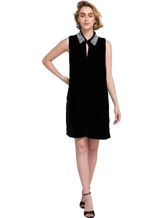 ELLE COLLECTION Beaded Collar Velvet Shift Dress - Black